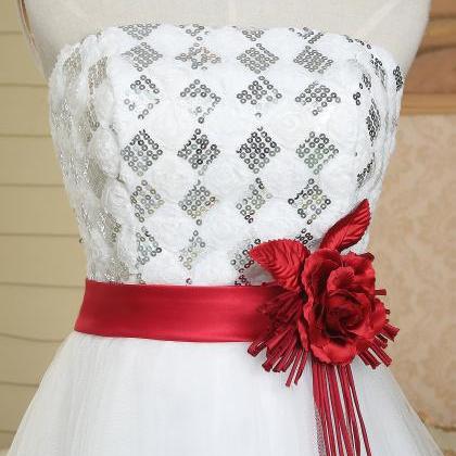 Strapless Red Satin Rainbow Sash Short Coast Cute Ball Gown White Prom ...