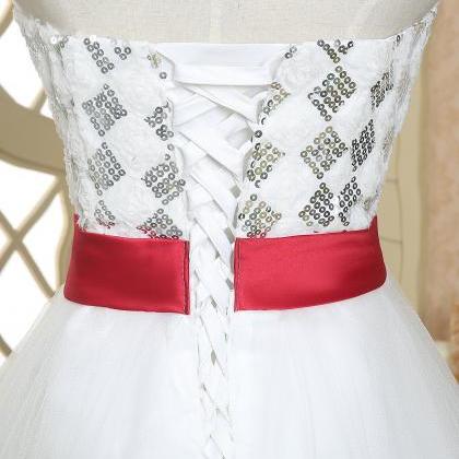 Strapless Red Satin Rainbow Sash Short Coast Cute Ball Gown White Prom ...