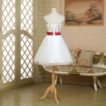 Strapless Red Satin Rainbow Sash Short Coast Cute Ball Gown White Prom ...