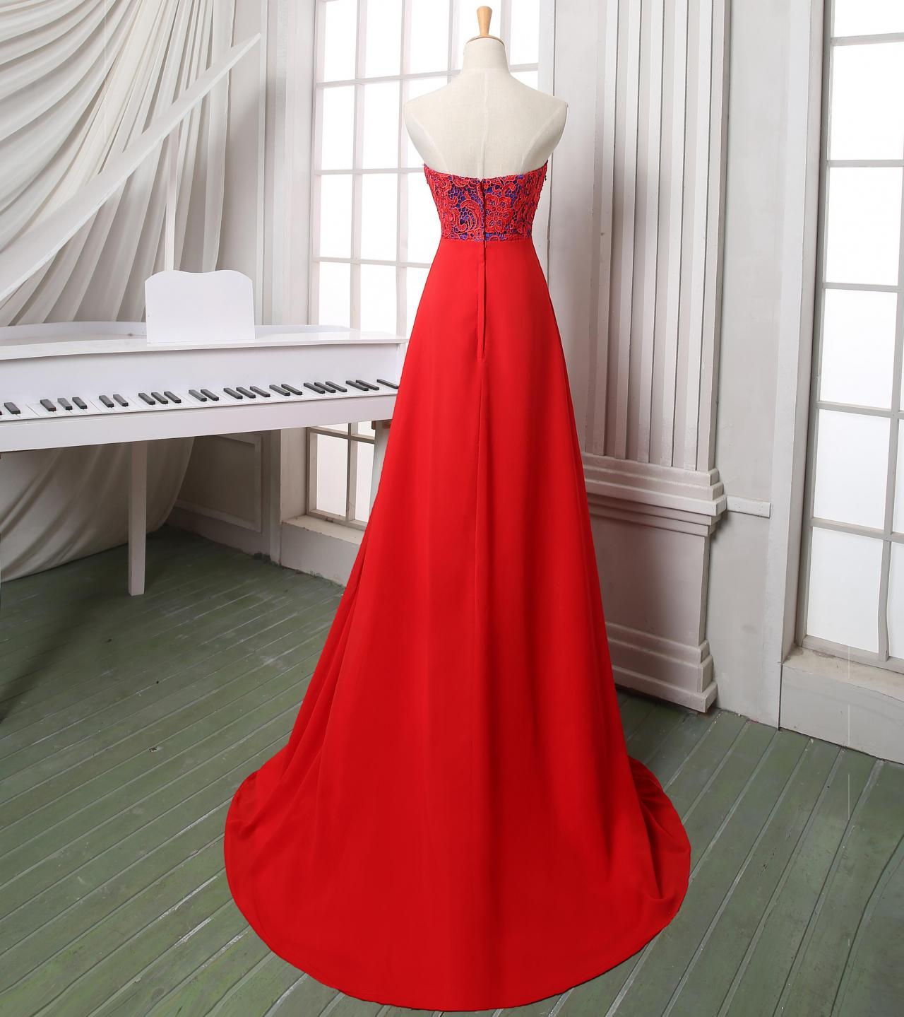 Red Strapless Lace Appliqued Beaded Long Chiffon Evening Dress,formal ...