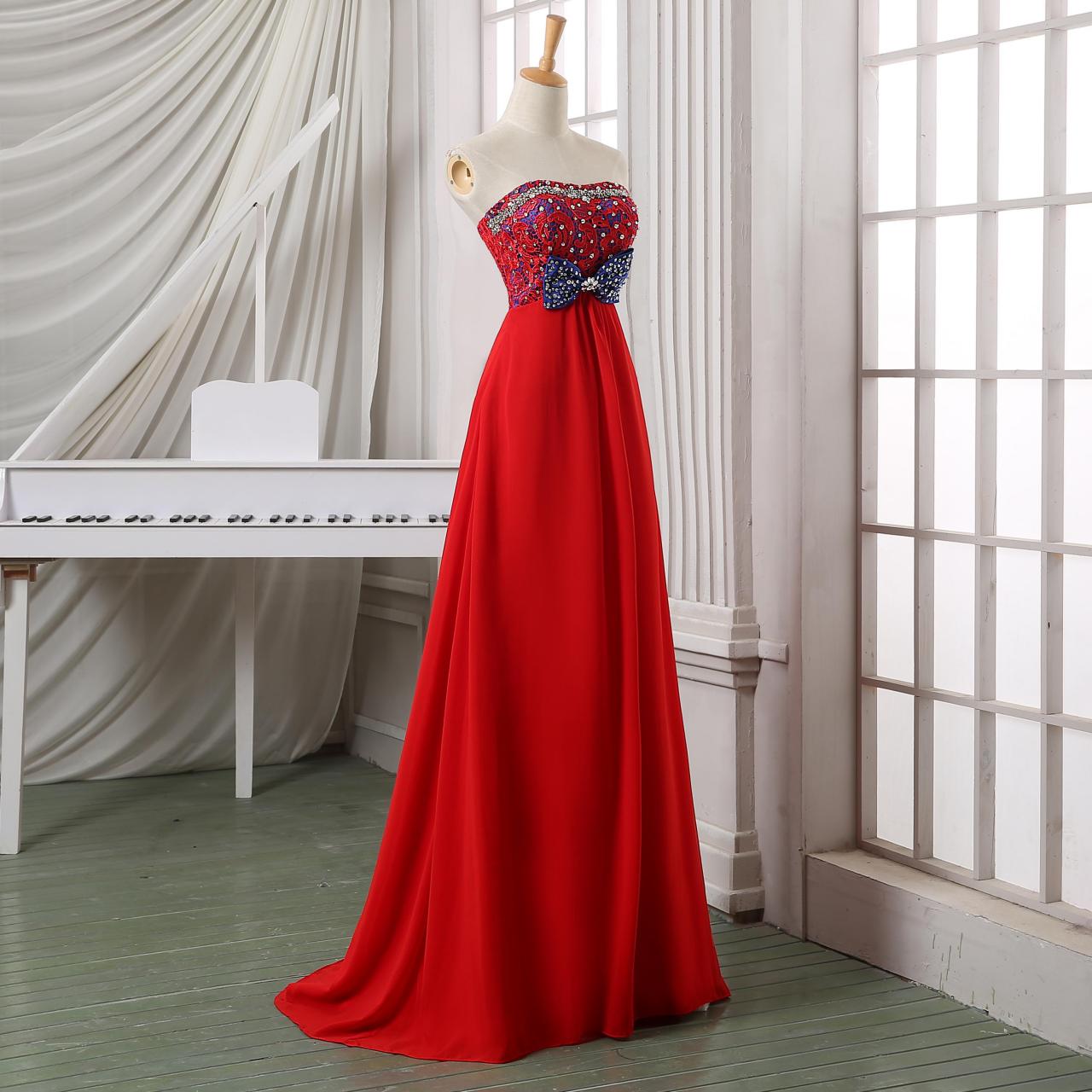 Red Strapless Lace Appliqued Beaded Long Chiffon Evening Dress,formal ...