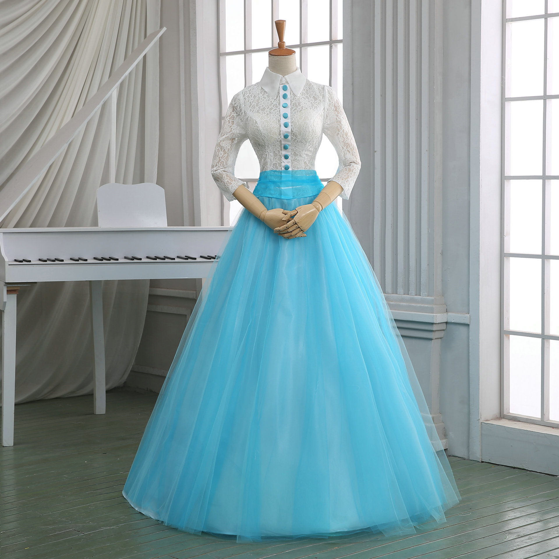 Blue And White Tull Lace 3/4 Sleeve Button Vintage Ball Gown Prom Dress ...
